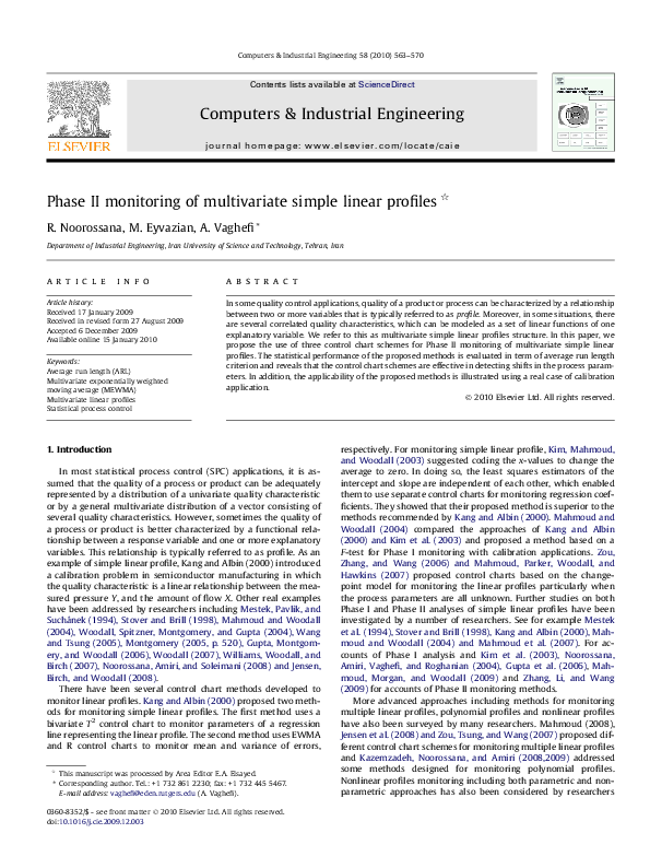 Phase II monitoring of multivariate simple linear profiles Phase II monitoring of multivariate simple linear profiles
