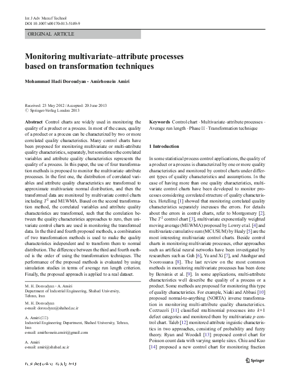 (PDF) Monitoring multivariate–attribute processes based on transformation techniques