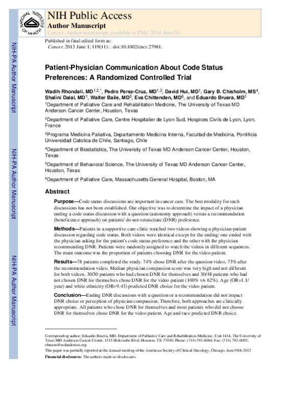 (PDF) Patient-physician communication about code status preferences