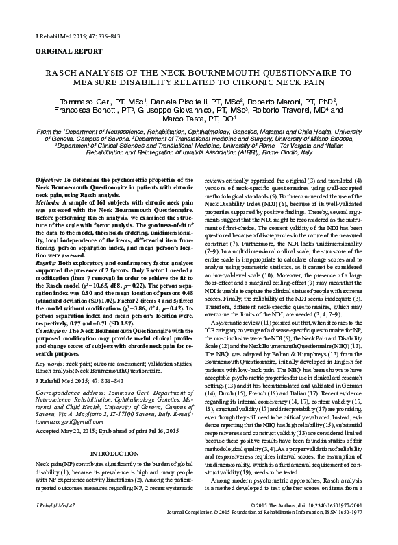 (PDF) Rasch analysis of the Neck Bournemouth Questionnaire to measure ...