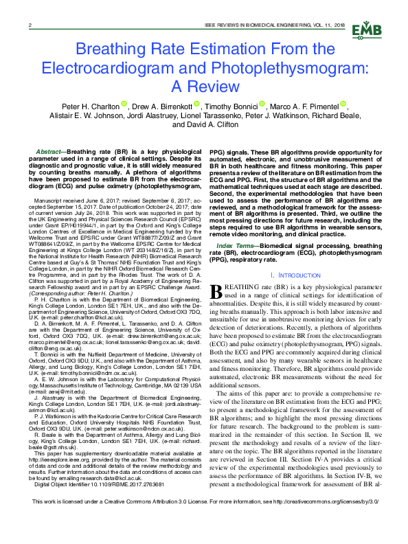 (PDF) Breathing Rate Estimation From the Electrocardiogram and Photoplethysmogram: A Review