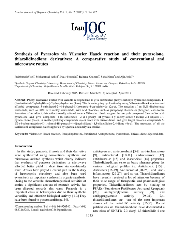(PDF) Synthesis of Pyrazoles via Vilsmeier Haack reaction and their pyrazolone ...