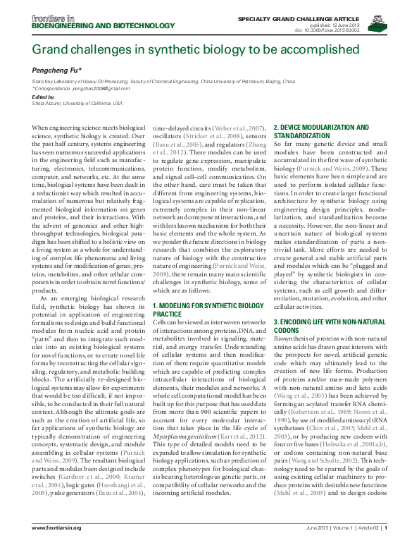 (PDF) Grand Challenges in Synthetic Biology to be Accomplished | Pengcheng Fu - Academia.edu