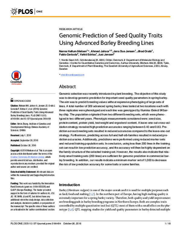Pdf Genomic Prediction Of Seed Quality Traits Using Advanced Barley