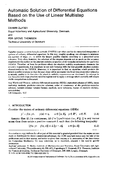 (PDF) Automatic Solution of Differential Equations Based on the User of Linear Multistep Methods