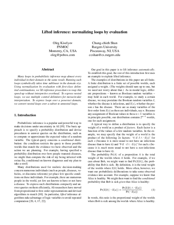 (PDF) Lifted inference: normalizing loops by evaluation