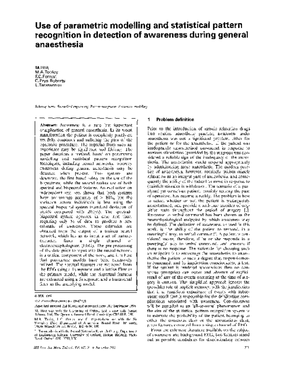 (PDF) Use of parametric modelling and statistical pattern recognition in detection of awareness ...