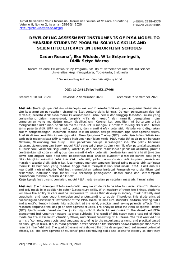 (PDF) Developing Assessment Instruments of PISA Model to Measure ...
