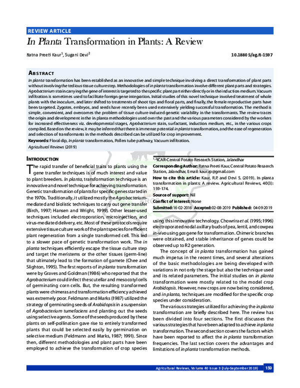 (PDF) In Planta Transformation in Plants: A Review
