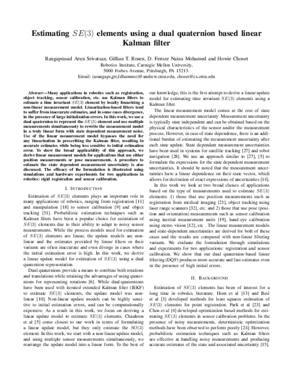Pdf Estimating Se3 Elements Using A Dual Quaternion Based Linear Kalman Filter
