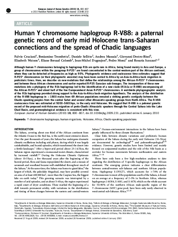 (PDF) Human Y chromosome haplogroup R-V88: a paternal genetic record of ...