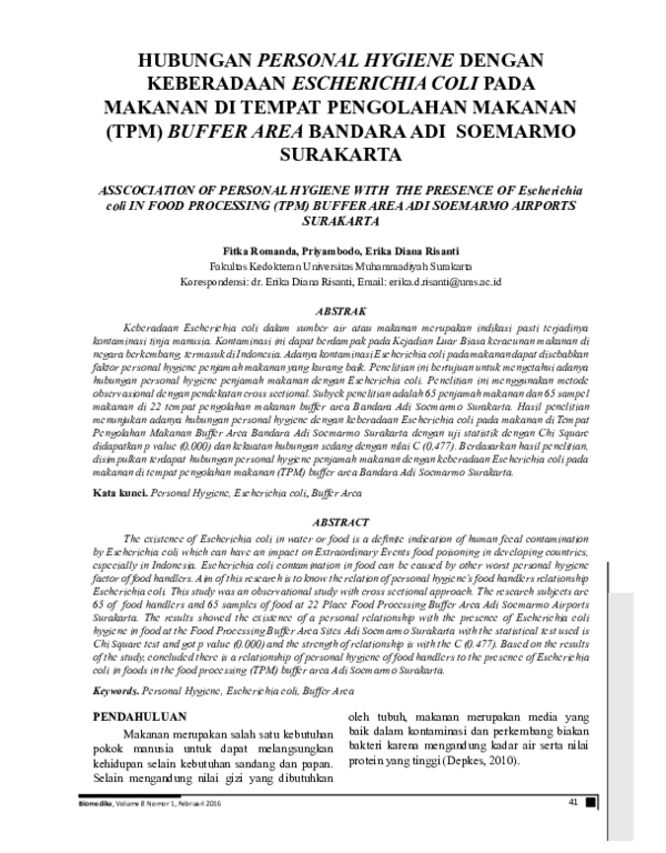 (PDF) Hubungan Personal Hygiene Dengan Keberadaan Escherichia Coli Pada ...