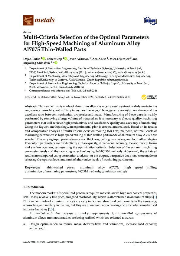(PDF) Multi-Criteria Selection of the Optimal Parameters for High-Speed Machining of Aluminum ...