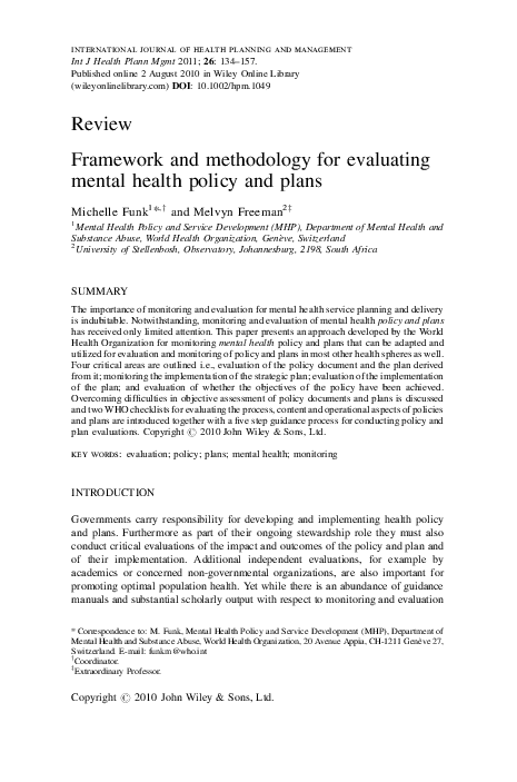 (PDF) Framework and methodology for evaluating mental health policy and ...