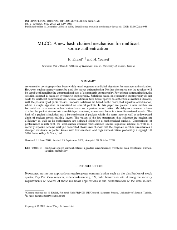 (PDF) MLCC: A new hash‐chained mechanism for multicast source authentication