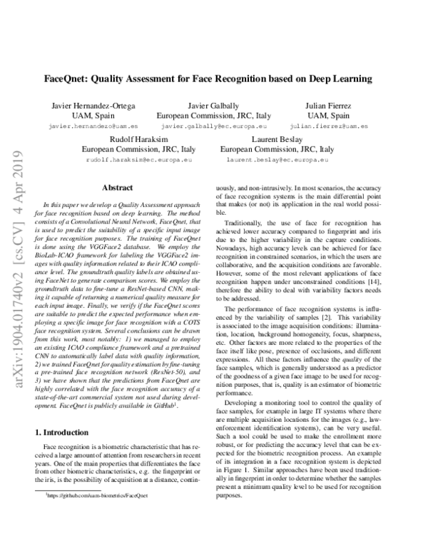 (PDF) FaceQnet: Quality Assessment for Face Recognition based on Deep ...