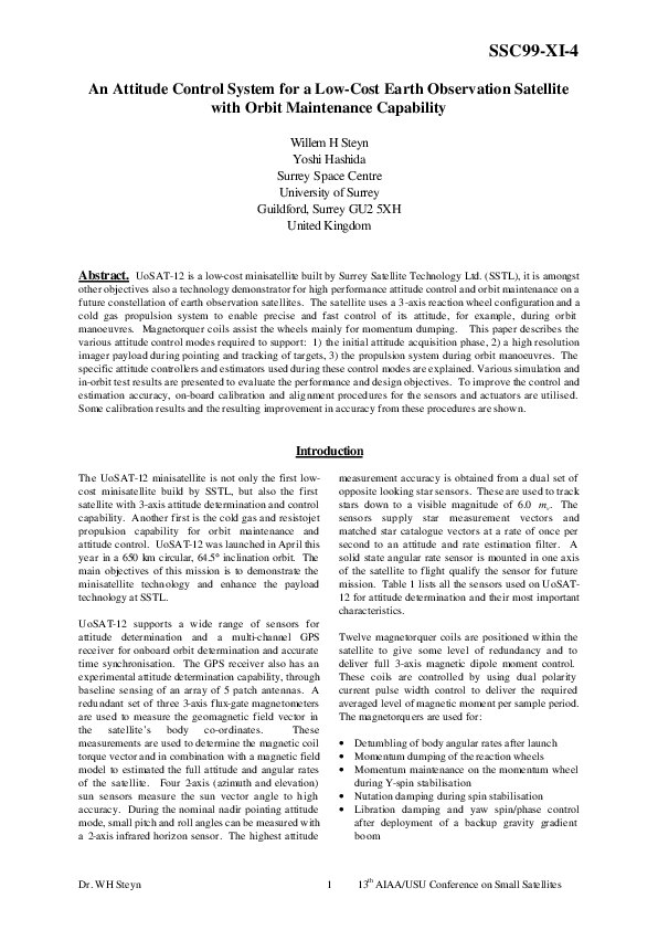 Pdf Ssc99 Xi 4 An Attitude Control System For A Low Cost Earth Observation Satellite With