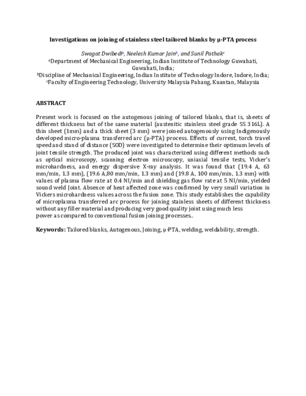 (PDF) Investigations on joining of stainless steel tailored blanks by µ ...