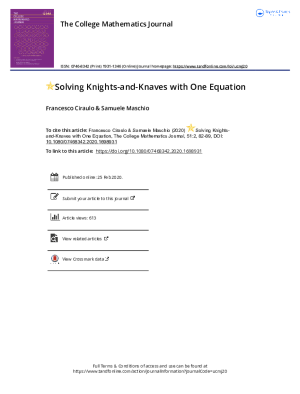 (PDF) Solving Knights-and-Knaves with One Equation