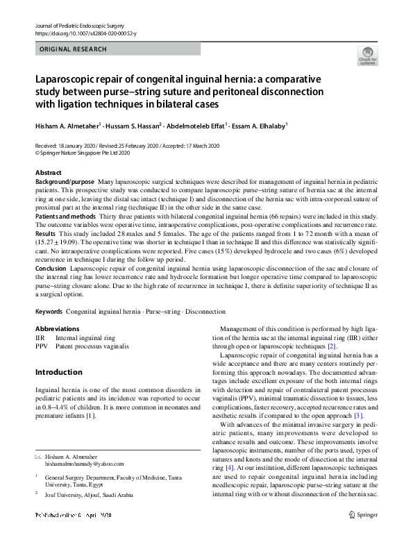 (PDF) Laparoscopic repair of congenital inguinal hernia: a comparative ...