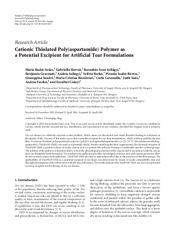 (PDF) Cationic Thiolated Poly(aspartamide) Polymer as a Potential ...
