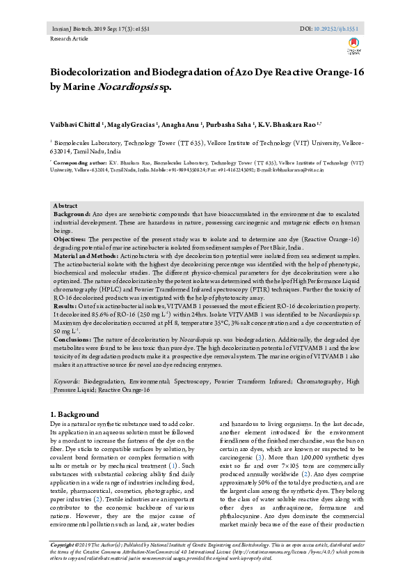 (PDF) Biodecolorization and Biodegradation of Azo Dye Reactive Orange-16 by Marine Nocardiopsis sp
