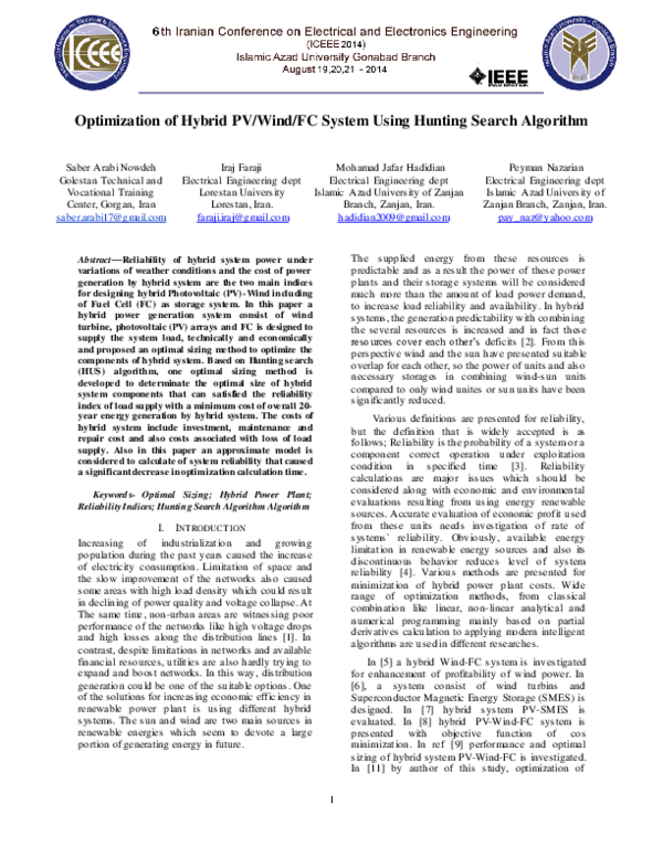 (PDF) Optimization of Hybrid PV/Wind/FC System Using Hunting Search Algorithm