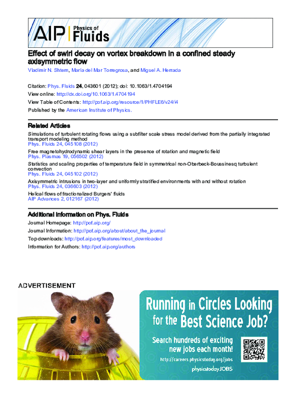(PDF) Effect of swirl decay on vortex breakdown in a confined steady ...
