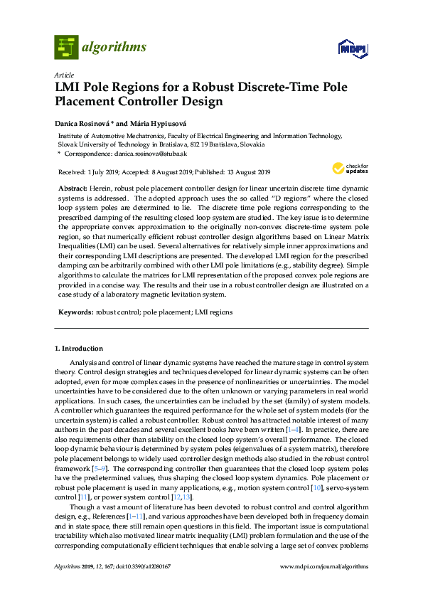 (PDF) LMI Pole Regions for a Robust Discrete-Time Pole Placement Controller Design