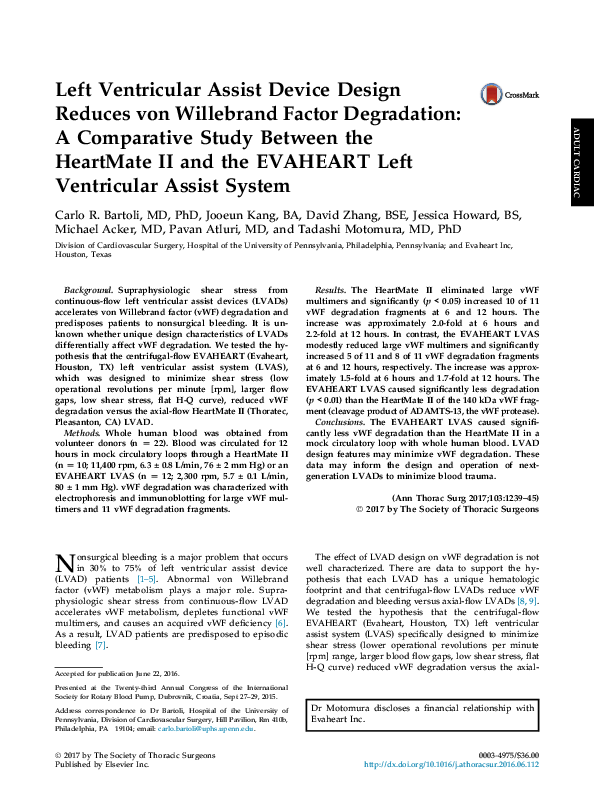 (PDF) Left Ventricular Assist Device Design Reduces von Willebrand Factor Degradation: A ...