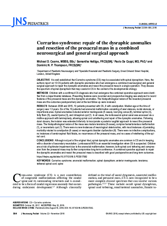 (PDF) Currarino syndrome: repair of the dysraphic anomalies and resection of the presacral mass ...