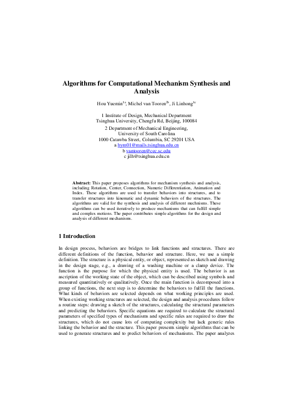 (PDF) Algorithms for Computational Mechanism Synthesis and Analysis