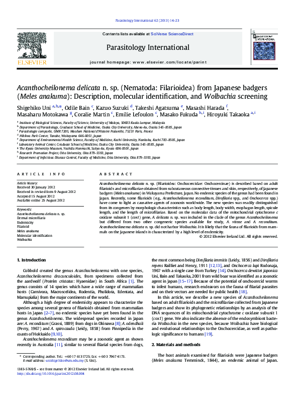 (PDF) Acanthocheilonema delicata n. sp. (Nematoda: Filarioidea) from ...