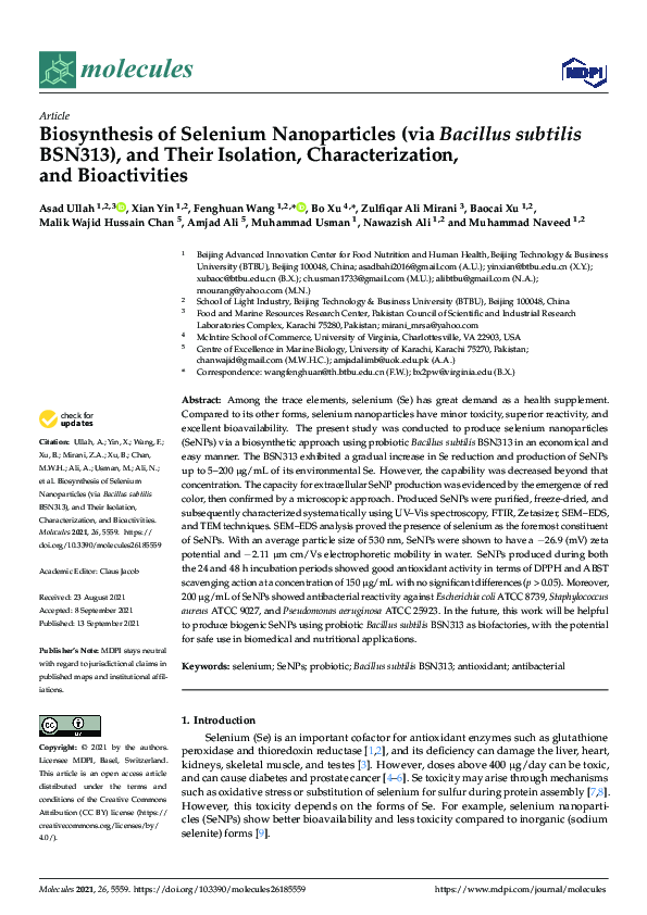 Pdf Biosynthesis Of Selenium Nanoparticles Via Bacillus Subtilis