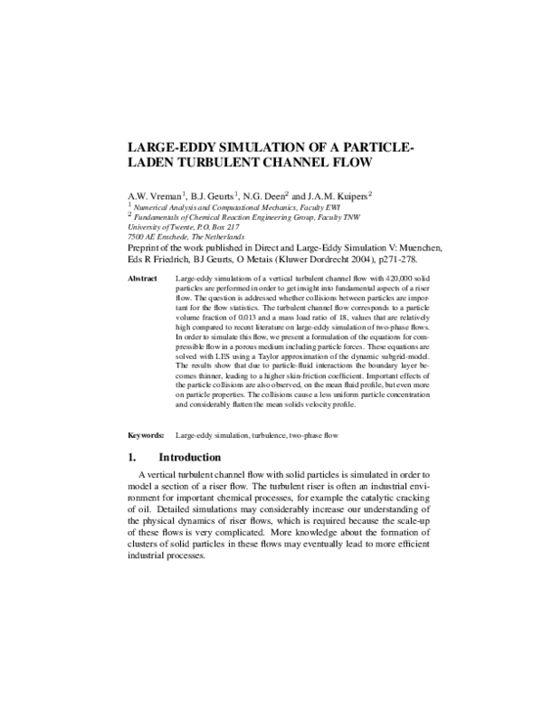 (PDF) Large-eddy simulation of a particle-laden turbulent channel flow