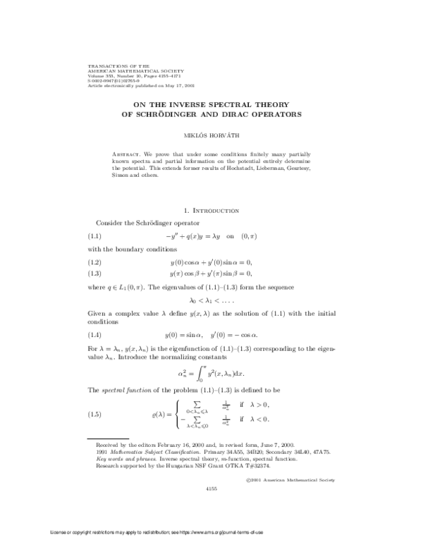 Pdf On The Inverse Spectral Theory Of Schrödinger And Dirac Operators Miklos Horvath