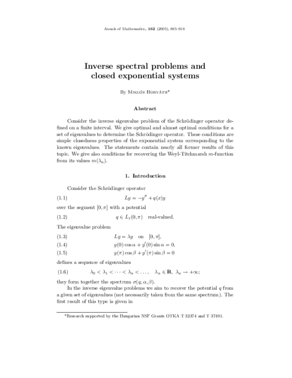 Pdf Inverse Spectral Problems And Closed Exponential Systems Miklos Horvath