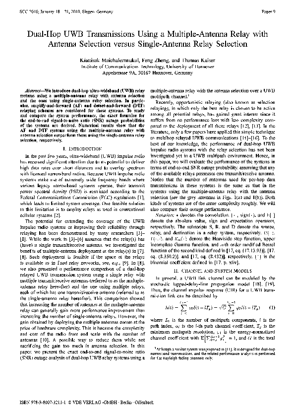 (PDF) Dual-hop UWB transmissions using a multiple-antenna relay with antenna selection versus ...