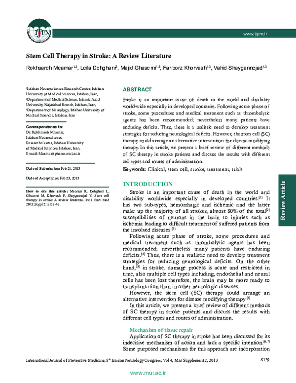 (PDF) Stem cell therapy in stroke: a review literature