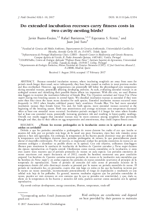 (PDF) Do extended incubation recesses carry fitness costs in two cavity ...