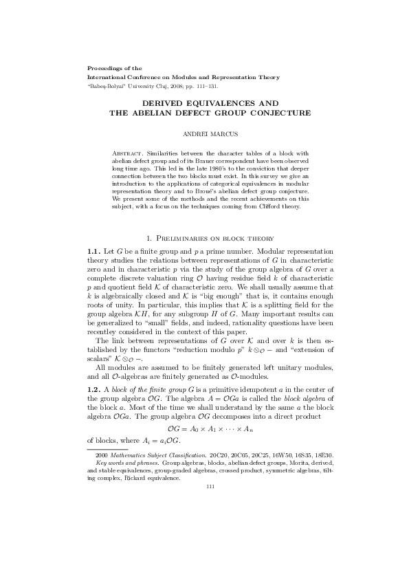 (PDF) Derived Equivalences and the Abelian Defect Group Conjecture