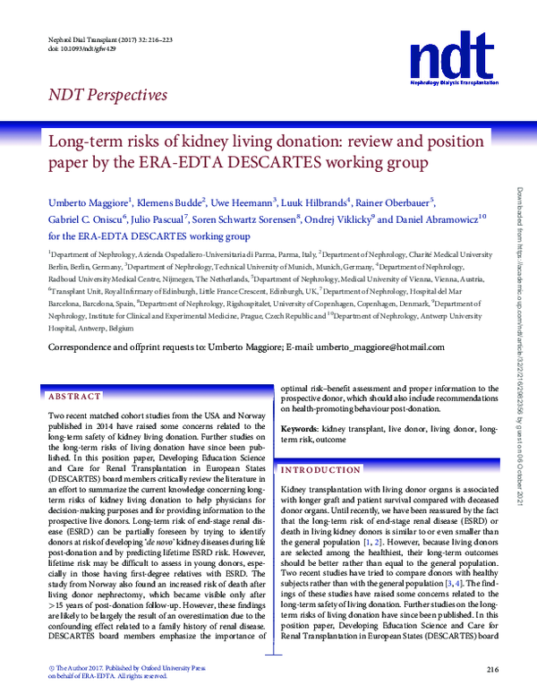(PDF) Long-term risks of kidney living donation: review and position ...
