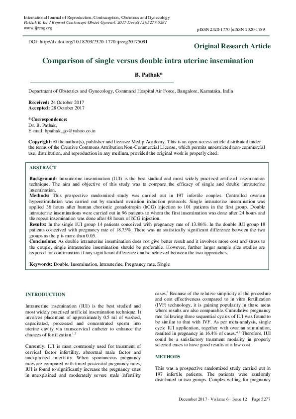 (PDF) Comparison of Single Versus Double Intrauterine Insemination