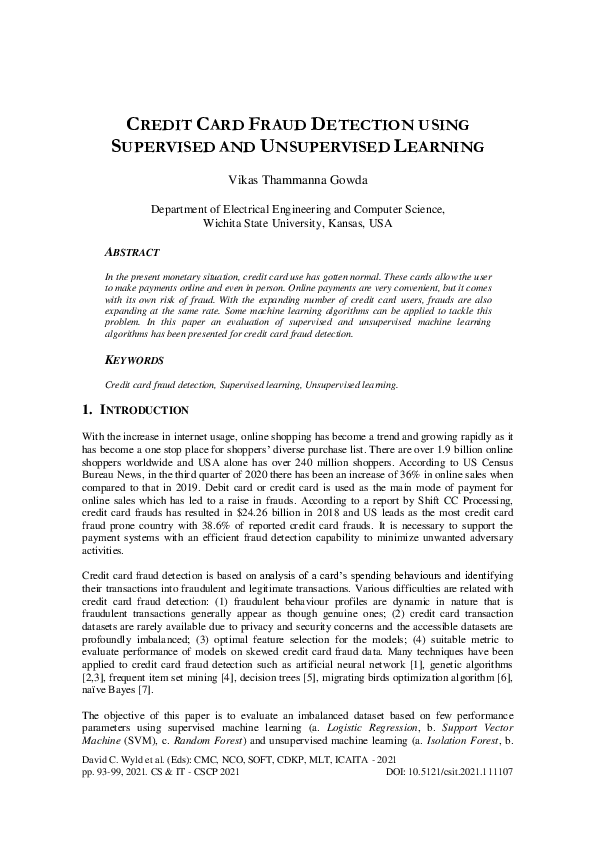(PDF) Credit Card Fraud Detection using Supervised and Unsupervised Learning