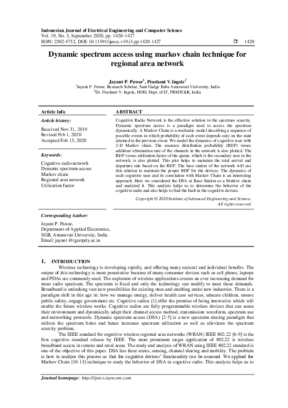 Pdf Dynamic Spectrum Access Using Markov Chain Technique For Regional Area Network