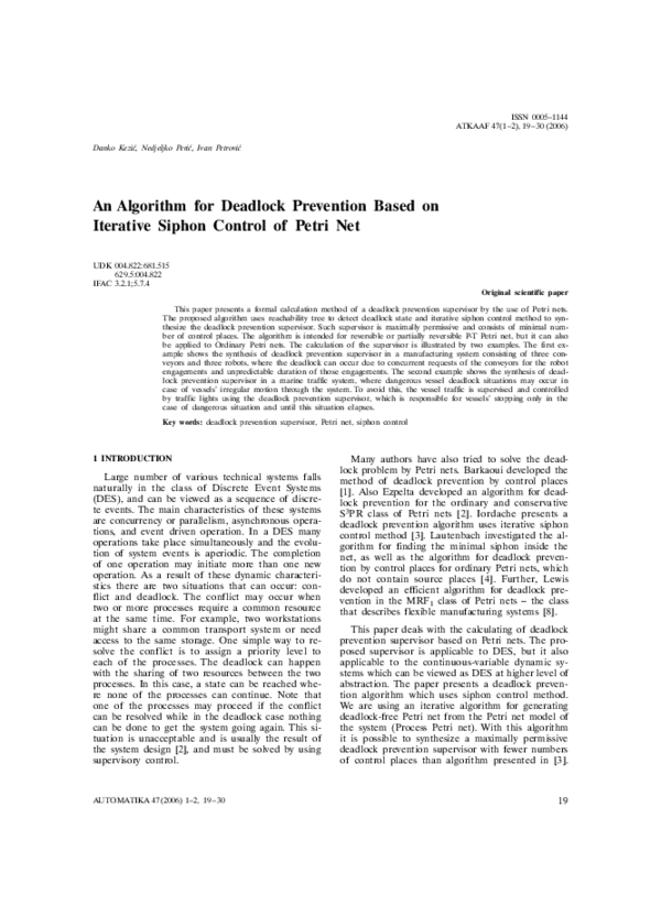 (PDF) An algorithm for deadlock prevention based on iterative siphon control of Petri net