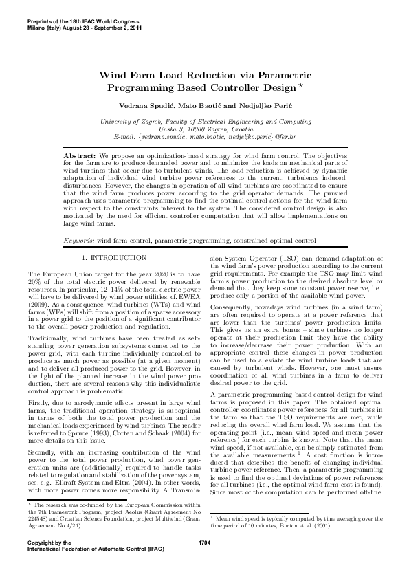 (PDF) Wind Farm Load Reduction Via Parametric Programming Based Controller Design