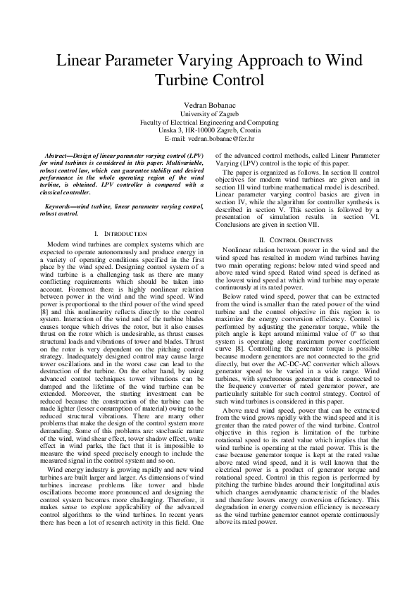 (PDF) Linear parameter varying approach to wind turbine control