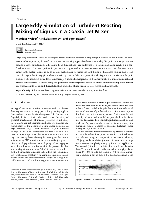 (PDF) Large Eddy Simulation of Turbulent Reacting Mixing of Liquids in a Coaxial Jet Mixer
