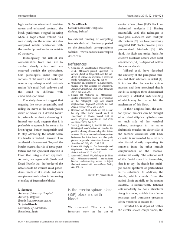 (PDF) Is the erector spinae plane (ESP) block a sheath block?